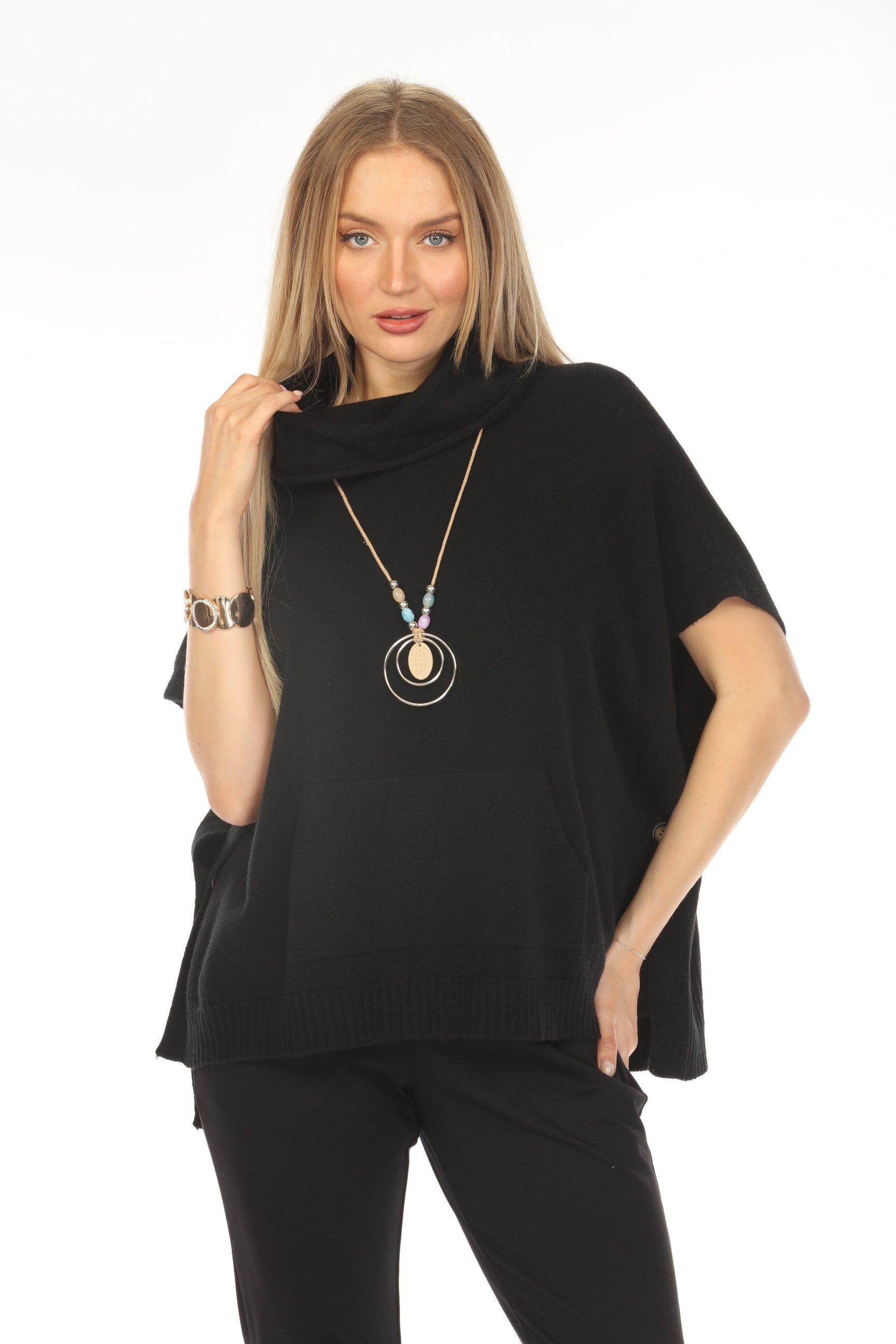 Black mock neck pockets cape Sweater – flairflaunt (dye dress llc)